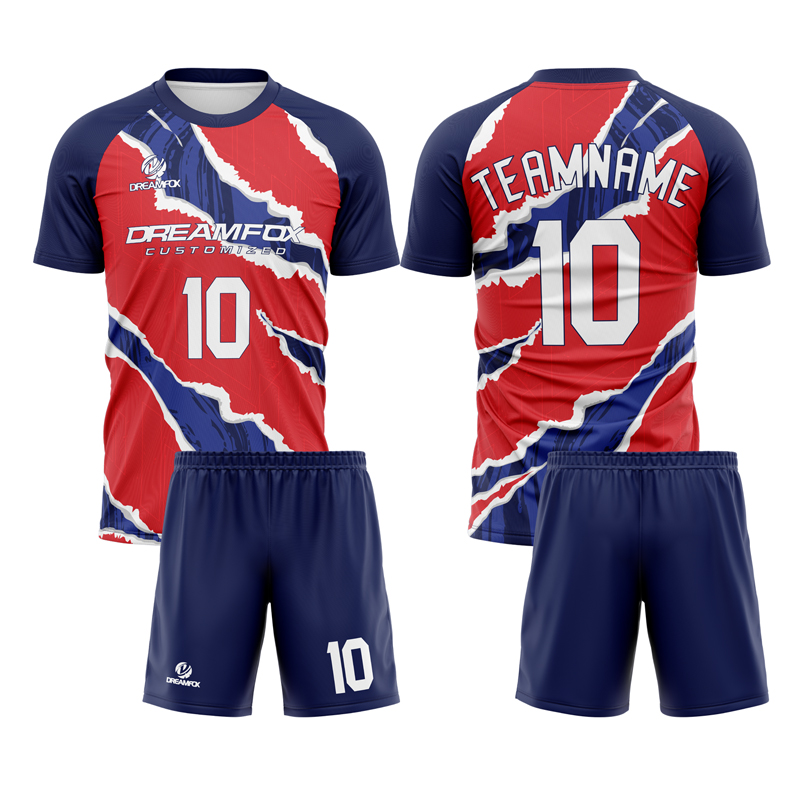 Custom-made red navy blue football uniforms manufacturer